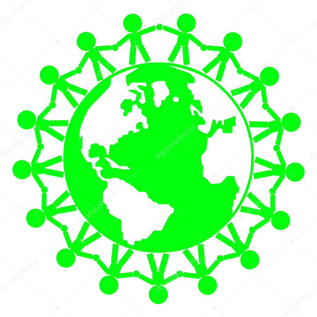 People holding hands around globe in green — Stock Photo © godunk #33373697