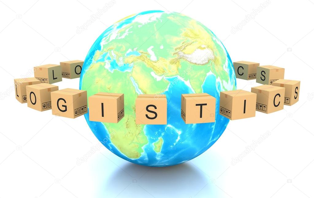 Cardboard boxes around global on white background 3d illustratio Stock ...