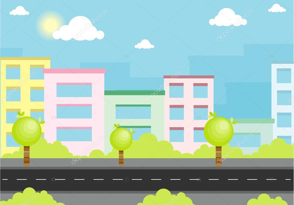 Lindo paisaje urbano de dibujos animados simples 2024