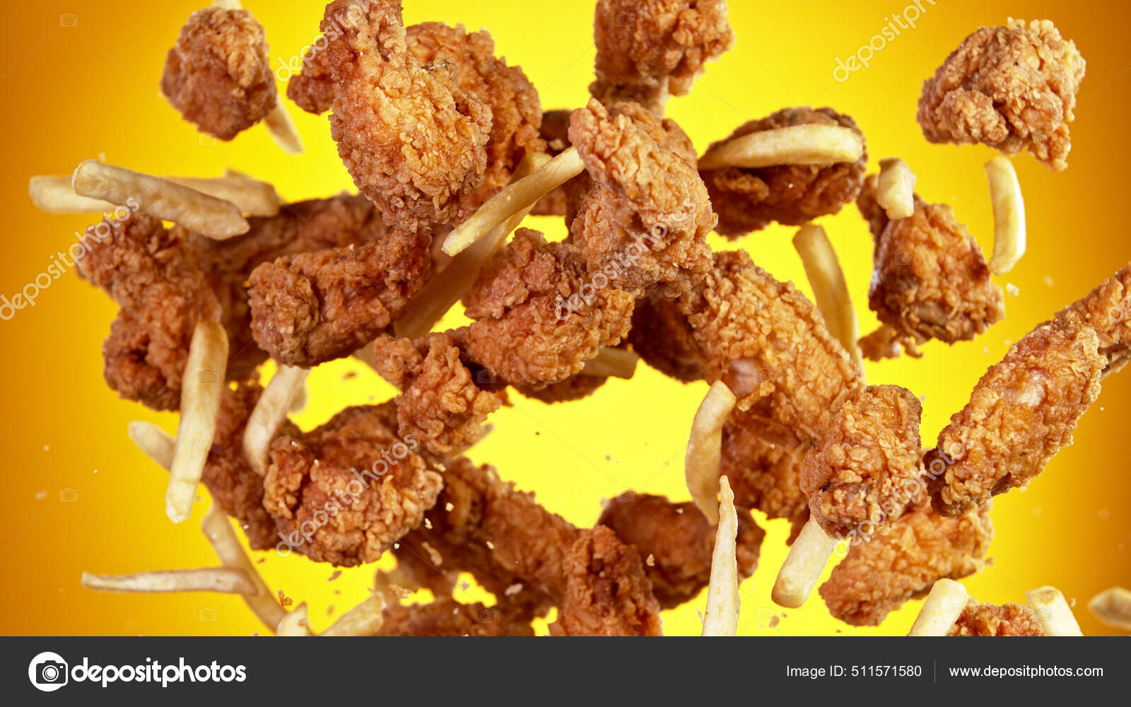 Freeze Motion Flying Pieces Fried Chicken Pieces Fries Golden ...