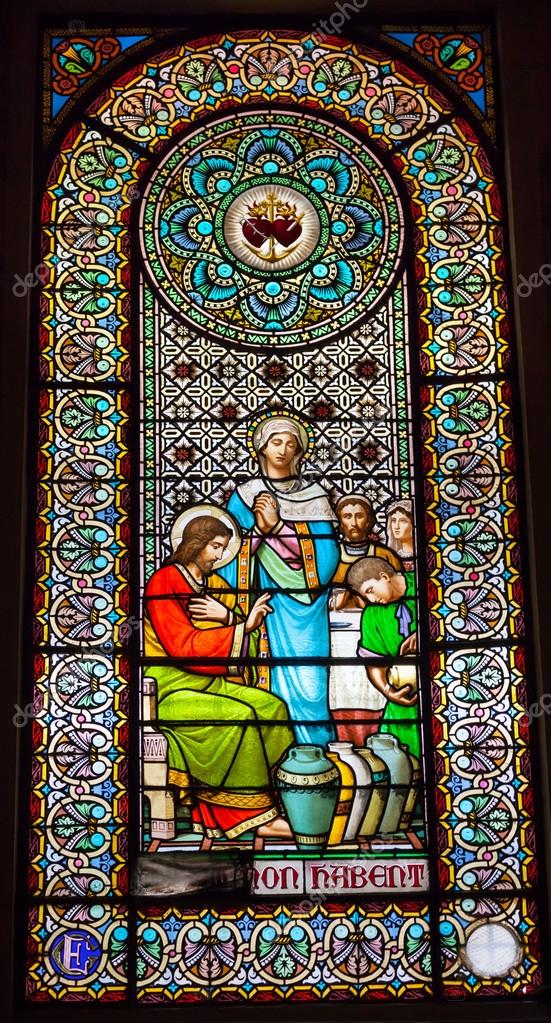 Stained Glass Window Jesus Mary Cana Monastery Montserrat – Stock ...