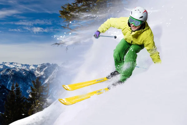Skier in mountains, prepared piste and sunny day — Stock Photo ...