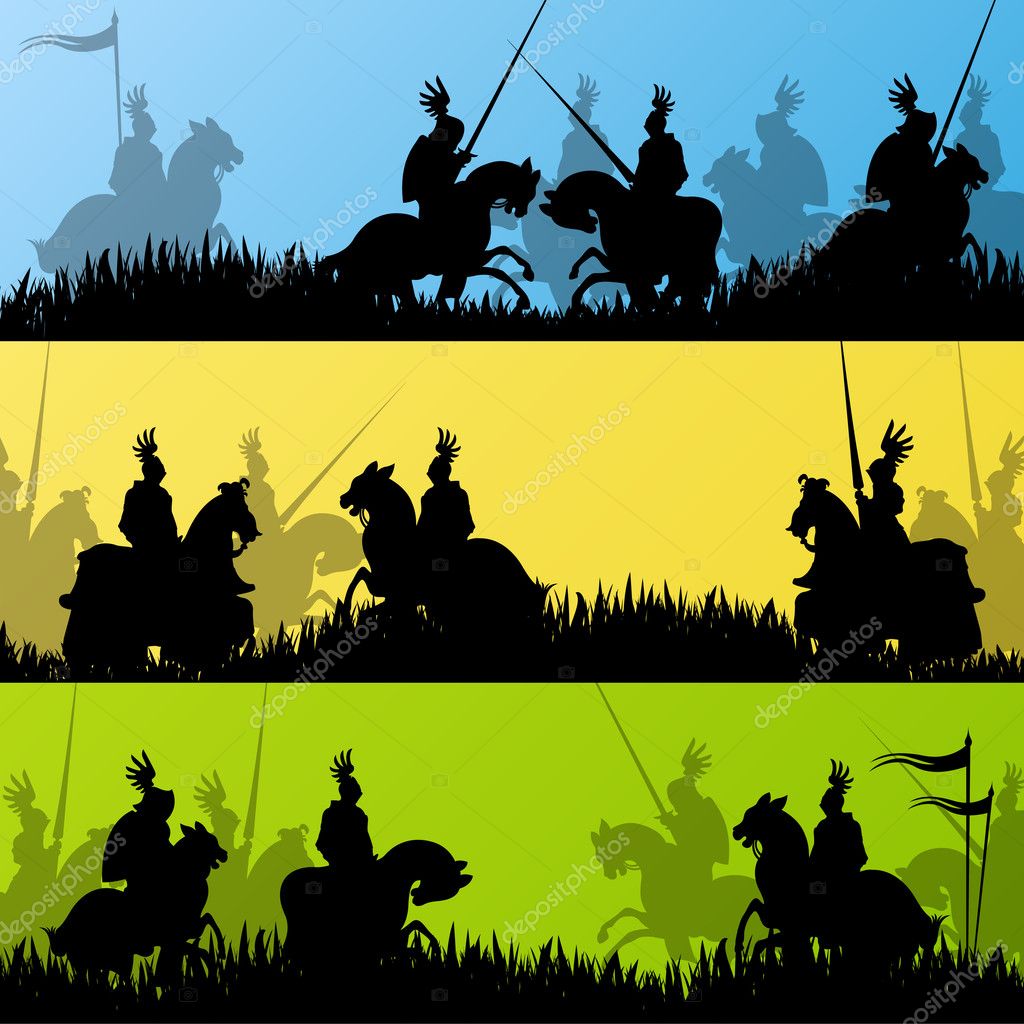 Siluetas de caballero medieval cabalgando en campo de batalla enana 2025