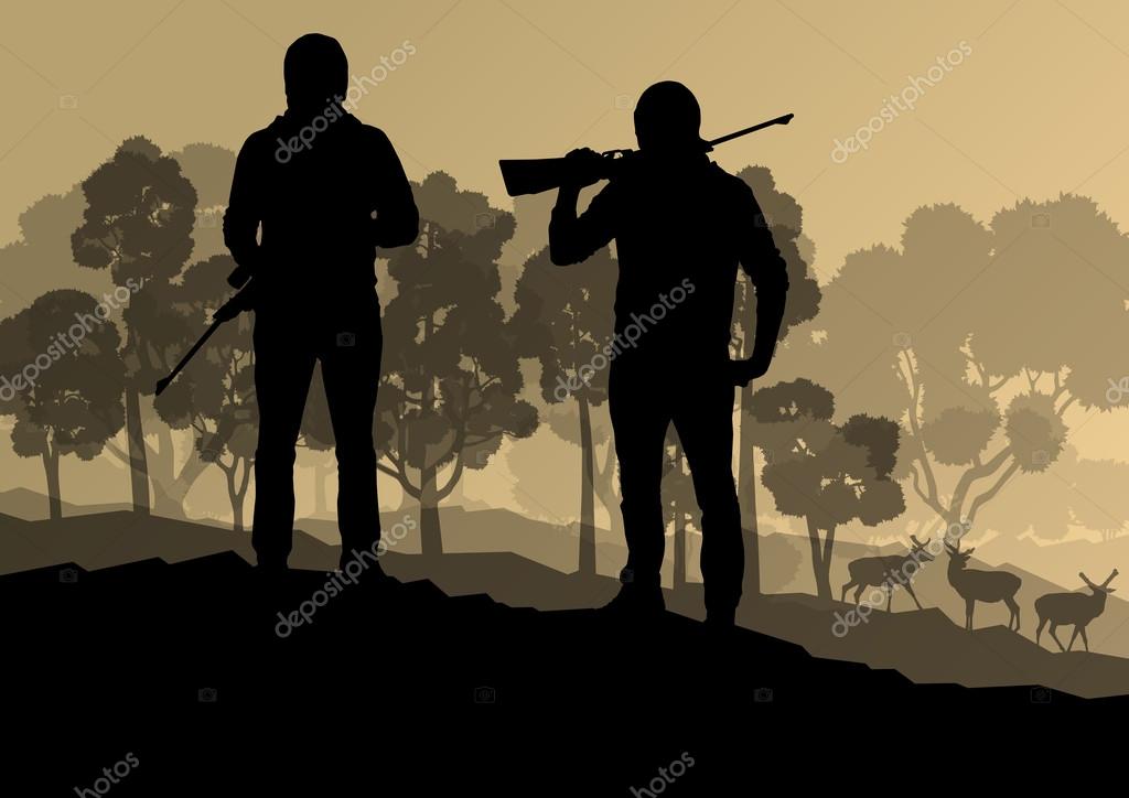 Hunter silhouette background landscape vector concept with fores Stock ...