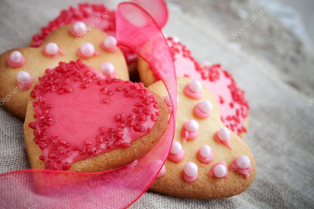 Pink heart shape cookies for Valentines Day celebration Stock Photo by ...
