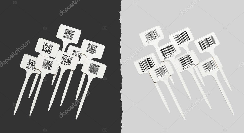 Peque as placas blancas con c digos QR y c digos de barras 2024