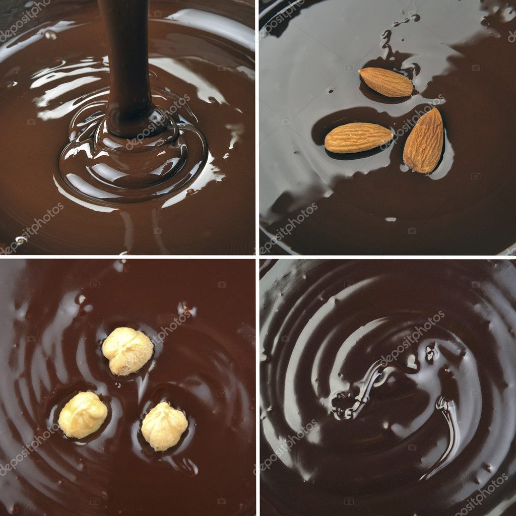 Set of images with pouring chocolate and nuts — Stock Photo ...