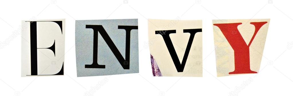 Envy formed with magazine letters on a white background — Stock Photo ...