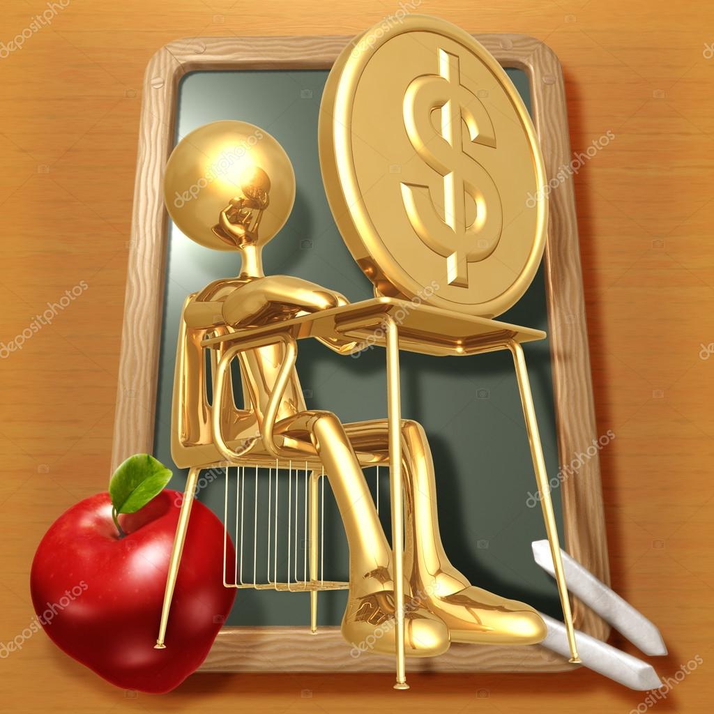 Little Golden Student With A Gold Coin On School Desk — Stock Photo ...