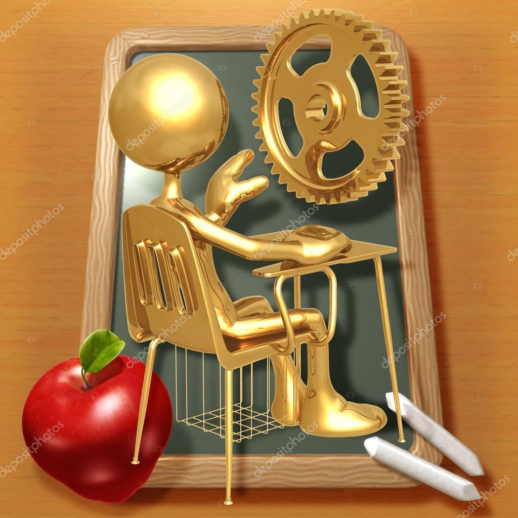 Little Golden Student With A Gold Gear Above School Desk — Stock Photo ...