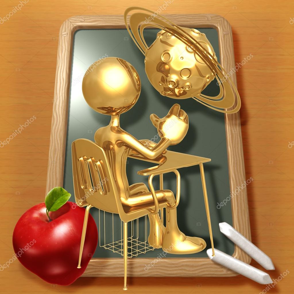 Little Golden Student With A Planet Above School Desk — Stock Photo ...
