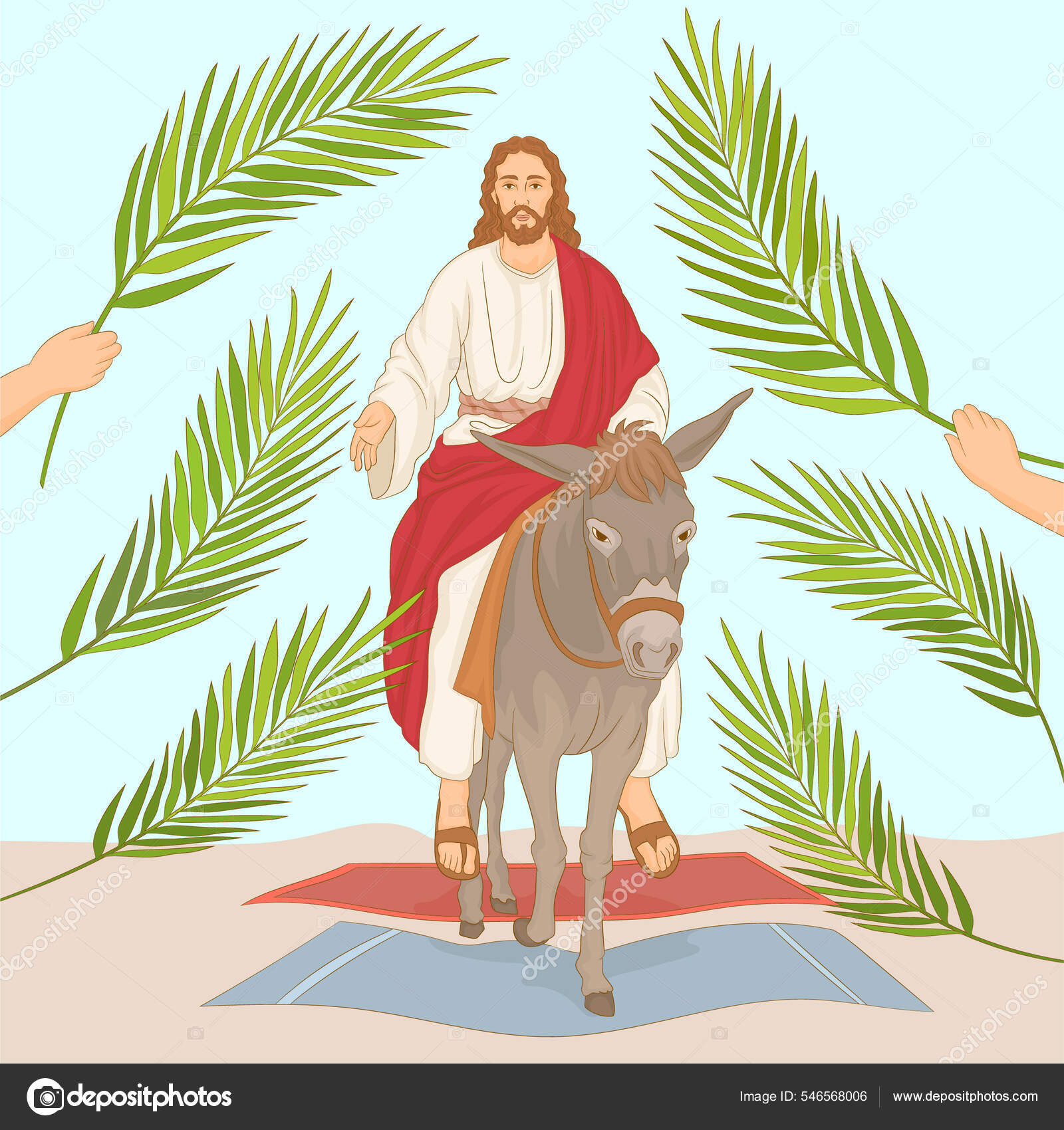 Domingo Ramos Jesús Montando Burro Entrando Jerusalén Con Hojas Palma Vector de stock #546568006 ...