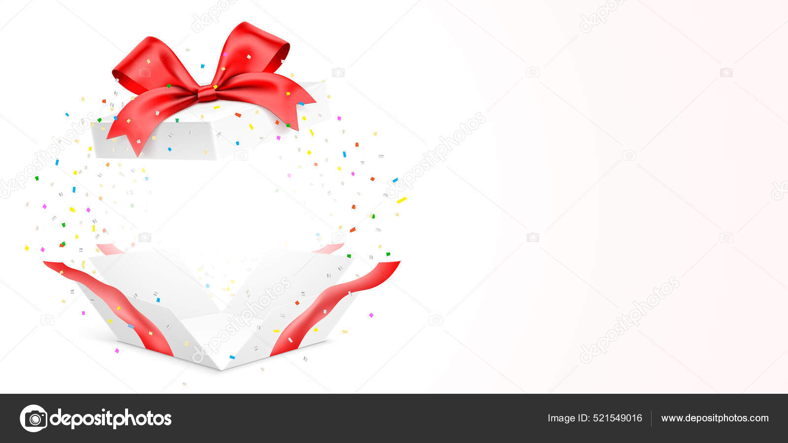 Exploded white gift box with red ribbon and colorful confetti, vector ...