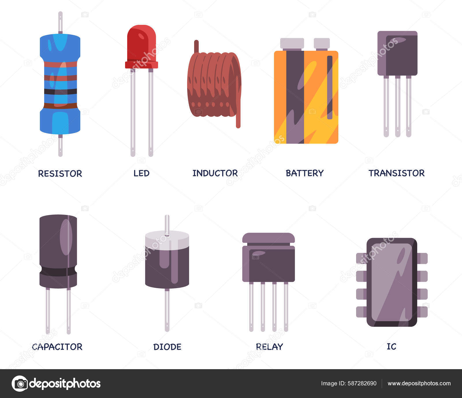 Basic Electrical Component Consist Resistor Inductor Transistor Design Flat Icon Stock Vector by ...