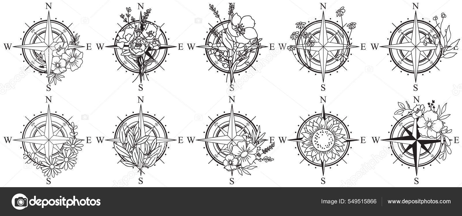 Vector hand drawn line art compass with flowers Stock Vector by ©4eka13 ...