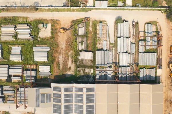 Aerial Top View Busy Industrial Factory Plant Construction Site Workers ...