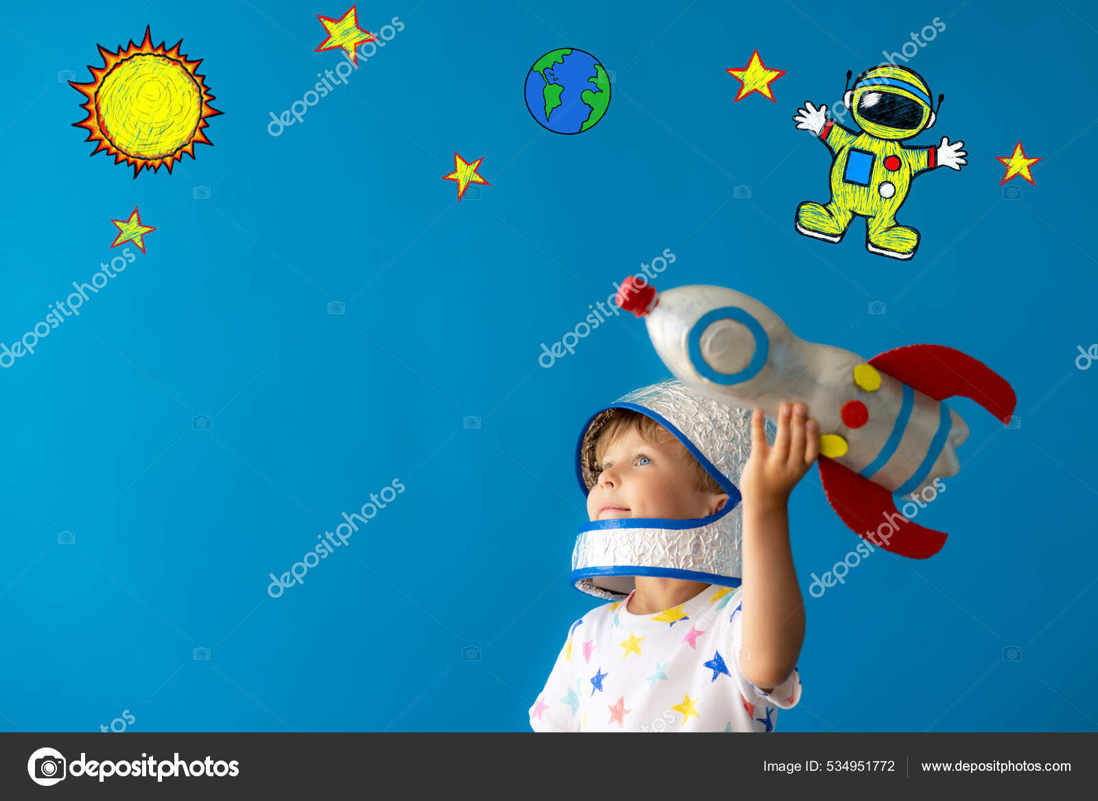 Happy Child Playing Toy Rocket Blue Background Kid Pretend Astronaut ...