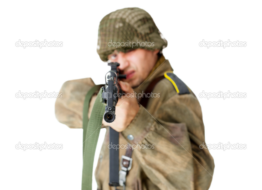Soldier shoots submachine gun isolated on white Stock Photo by ©Gladkov ...