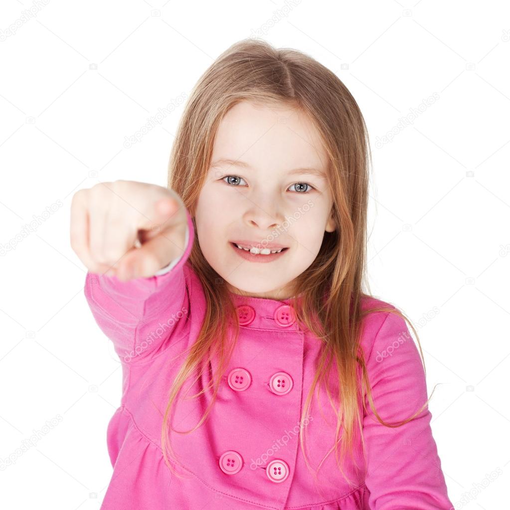 Cute little girl pointing her finger Stock Photo by ©Gladkov 22173501