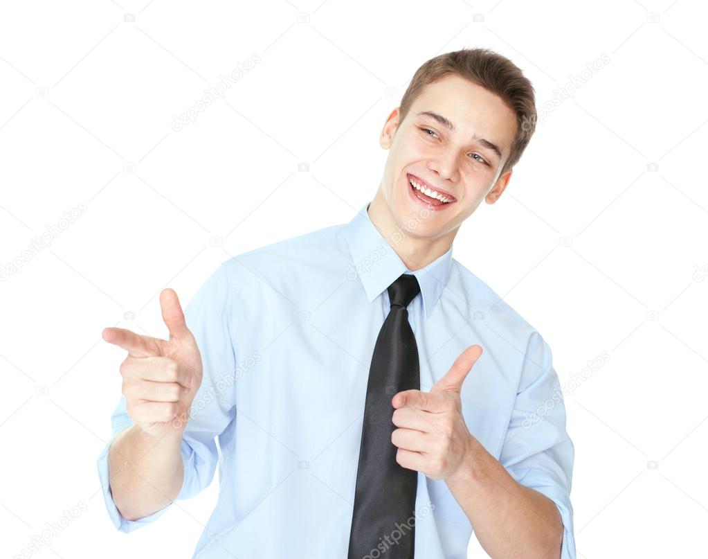 Young smiling businessman pointing finger isolated on white — Stock ...