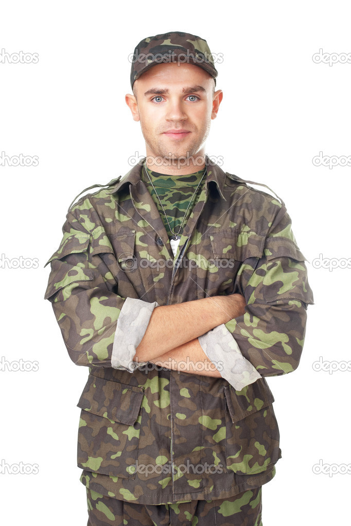 Smiling army soldier with his arms crossed — Stock Photo © Gladkov #35182851