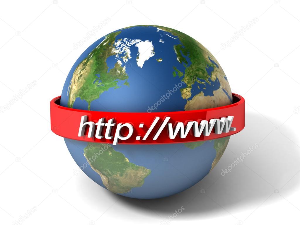 3d illustration of earth globe with internet address, over white ...