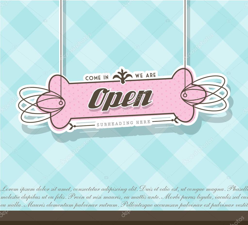 Open sign hanging on pink badge with blue background. Stock ...