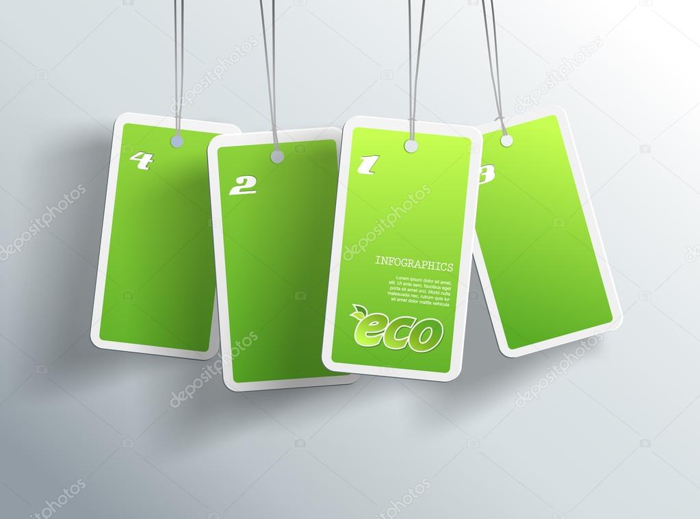 Four hanging green eco cards. You can place your own text on eac Stock ...