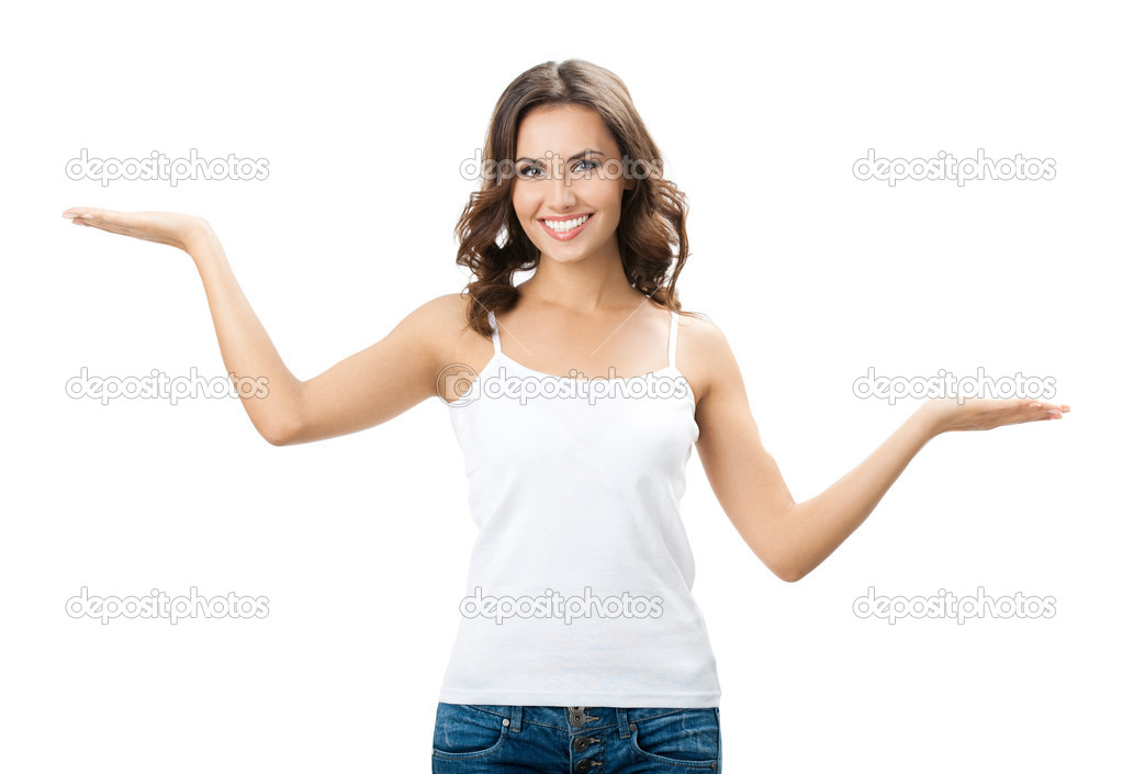 Beautiful young woman showing something — Stock Photo © g_studio #19028611