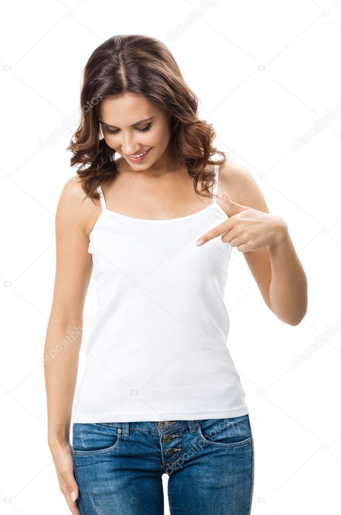 Beautiful young woman showing something — Stock Photo © g_studio #19028701