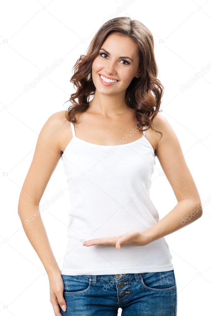 Beautiful young woman showing something — Stock Photo © g_studio #19028811