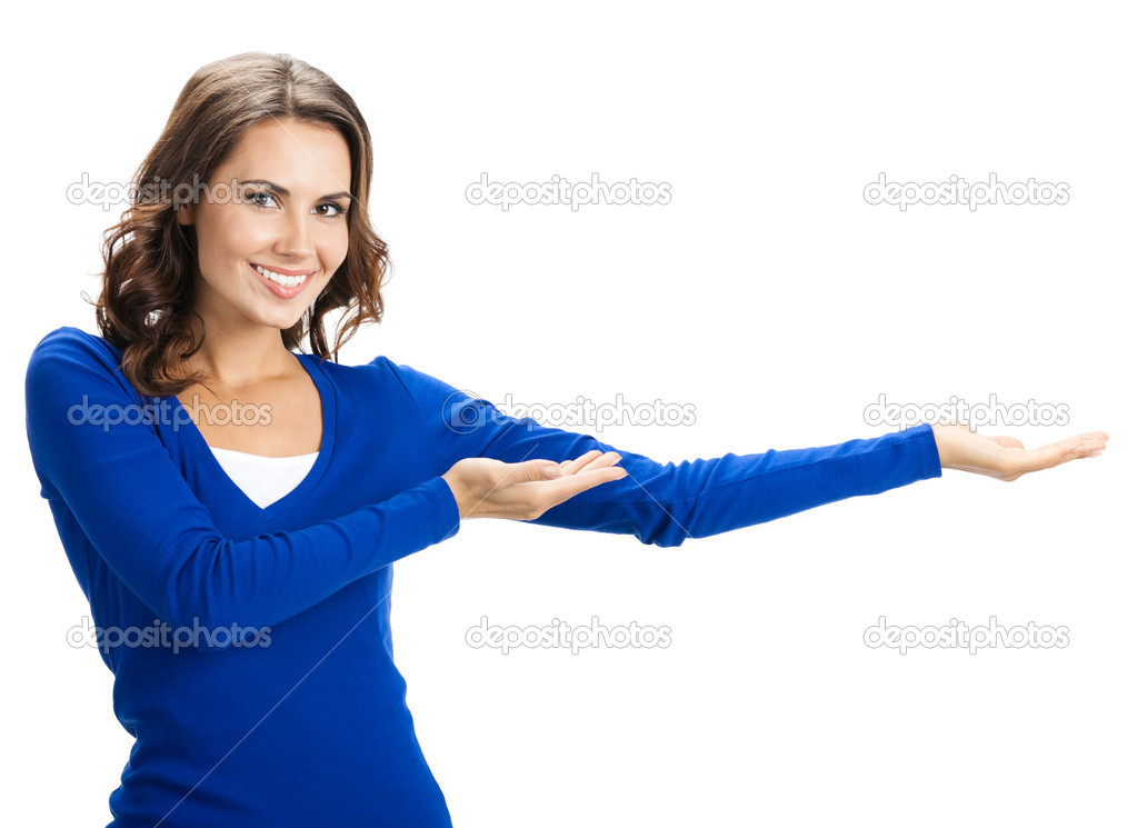 Beautiful young woman showing, on white — Stock Photo © g_studio #24633381