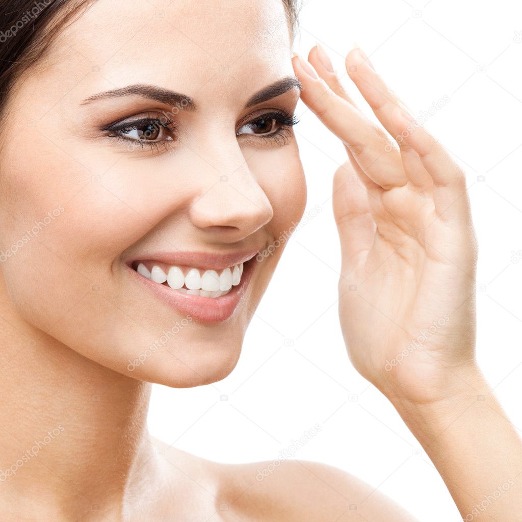 Woman touching skin or applying cream, isolated Stock Photo by ©g ...