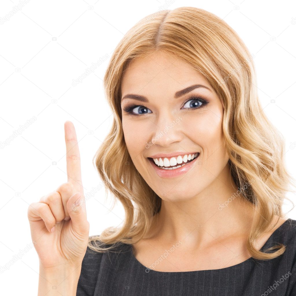 Woman, showing one finger or idea gesture, isolated — Stock Photo © g ...