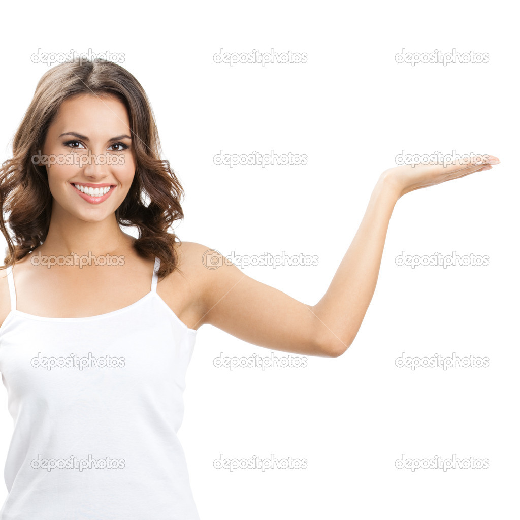 Beautiful young woman showing something — Stock Photo © g_studio #45780543
