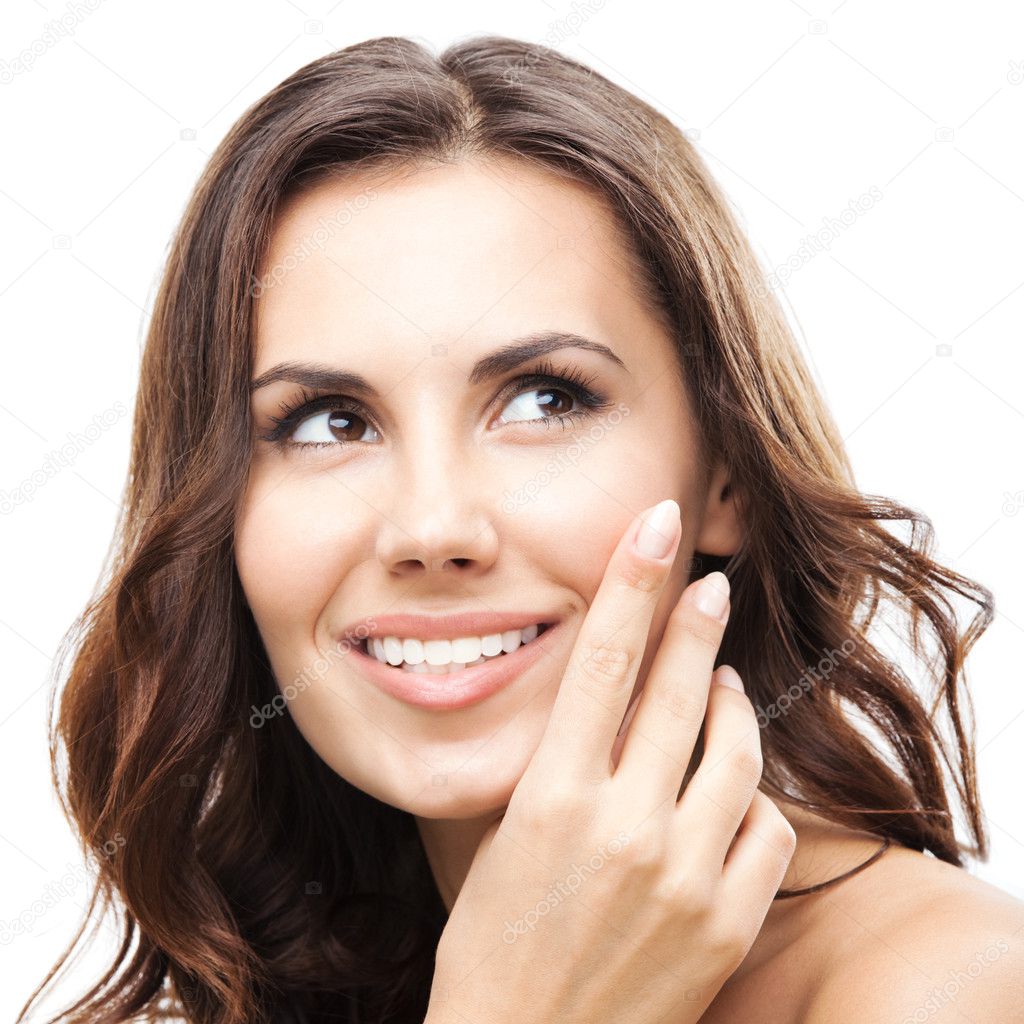 Woman touching skin or applying cream, isolated Stock Photo by ©g ...