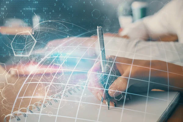 Double exposure of AR glasses drawing over people taking notes ...