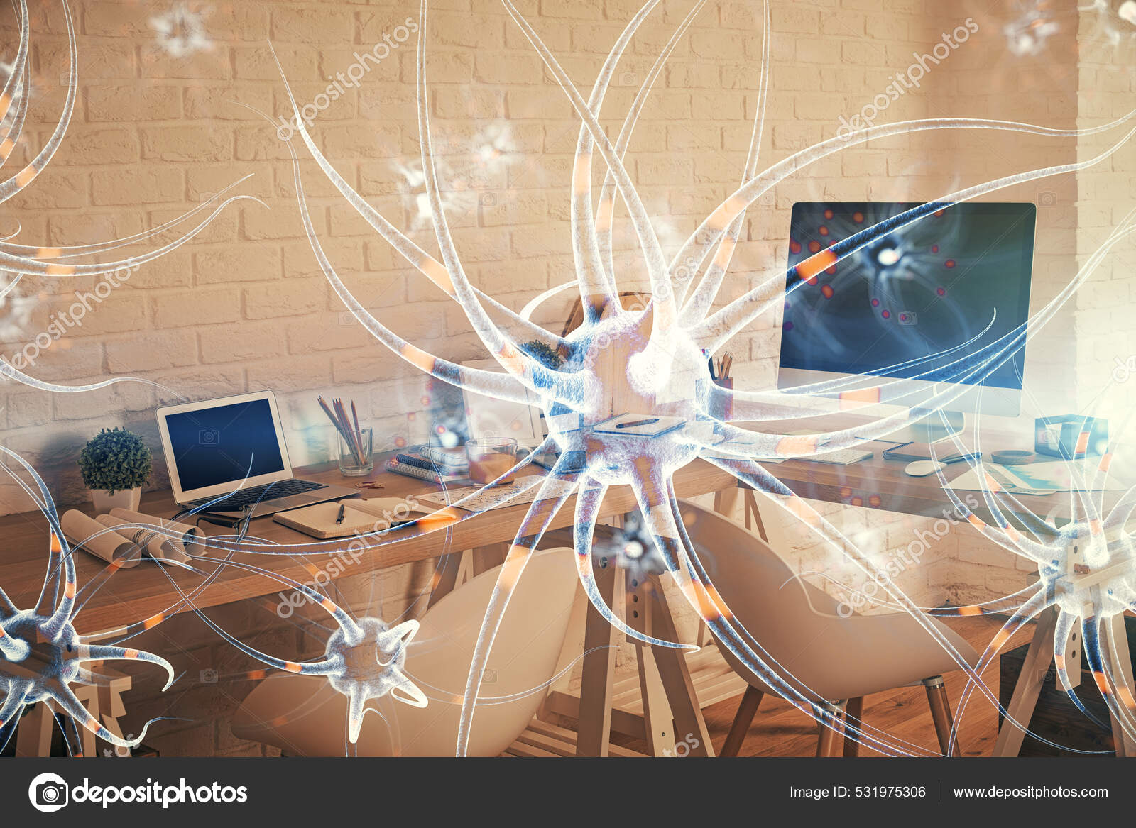 Double Exposure Neuron Drawing Office Interior Background Concept ...