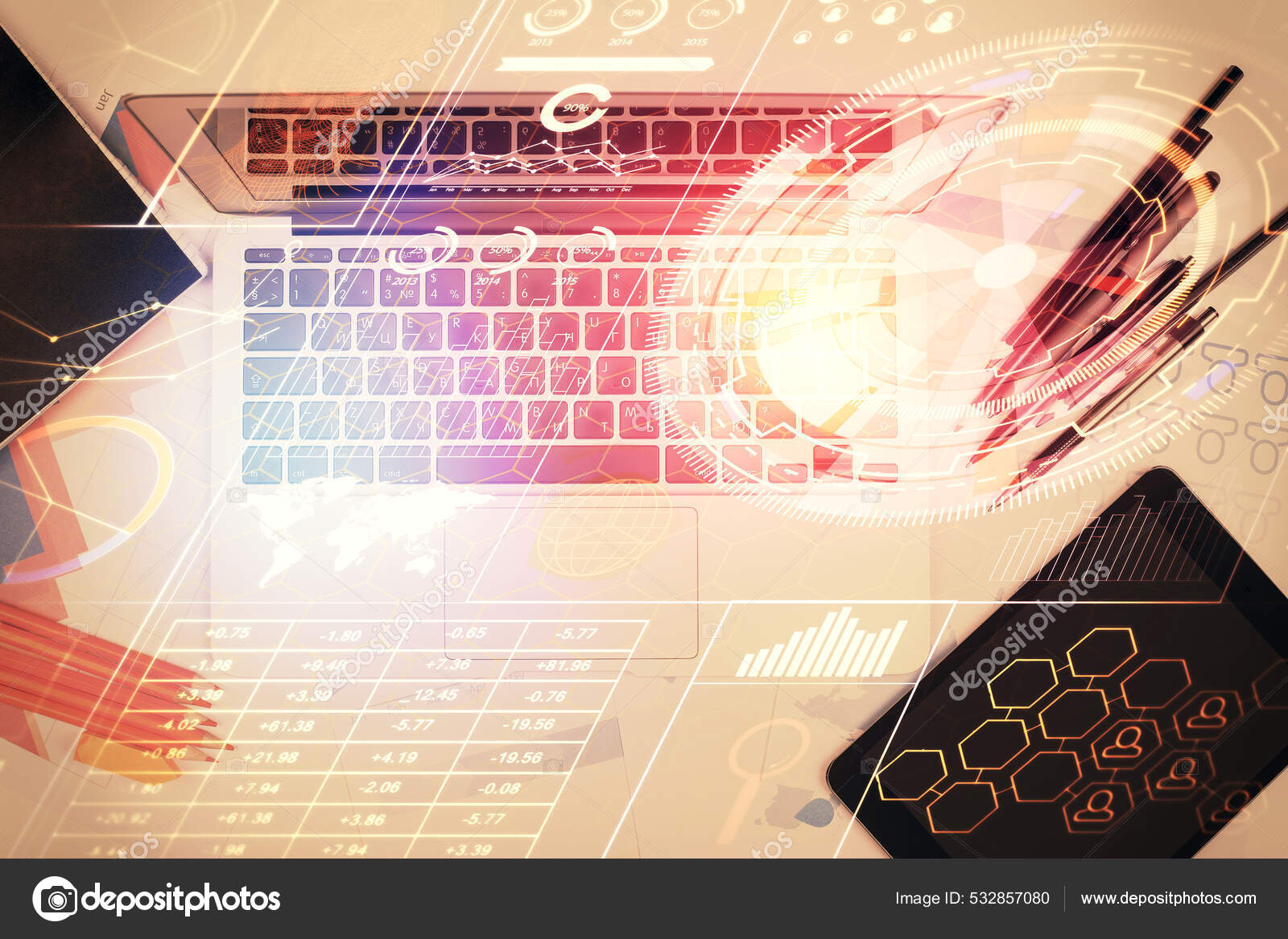 Multi Exposure Data Drawing Hologram Topview Study Desk Background ...