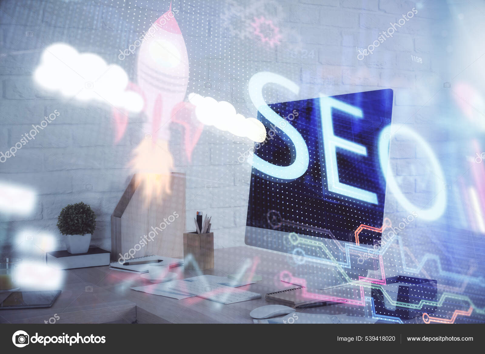 Double Exposure Seo Drawing Office Interior Background Concept Search ...