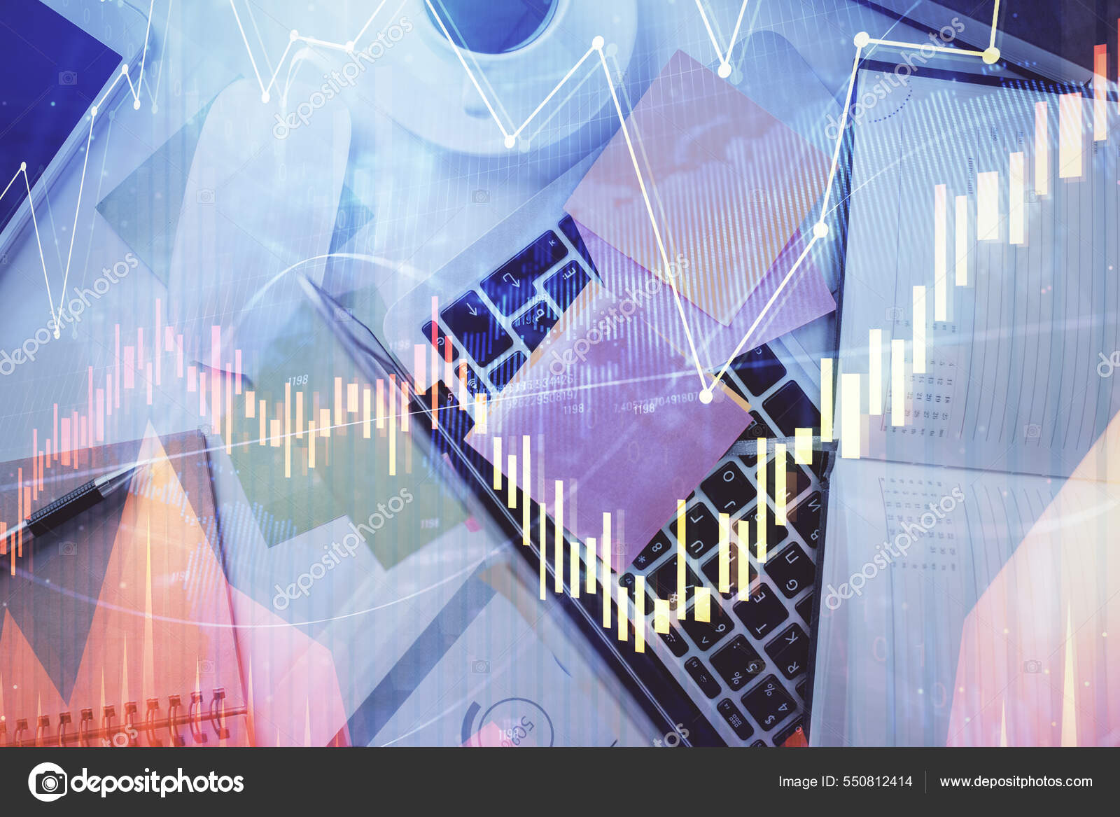 Multi Exposure Financial Chart Drawing Table Background Computer ...