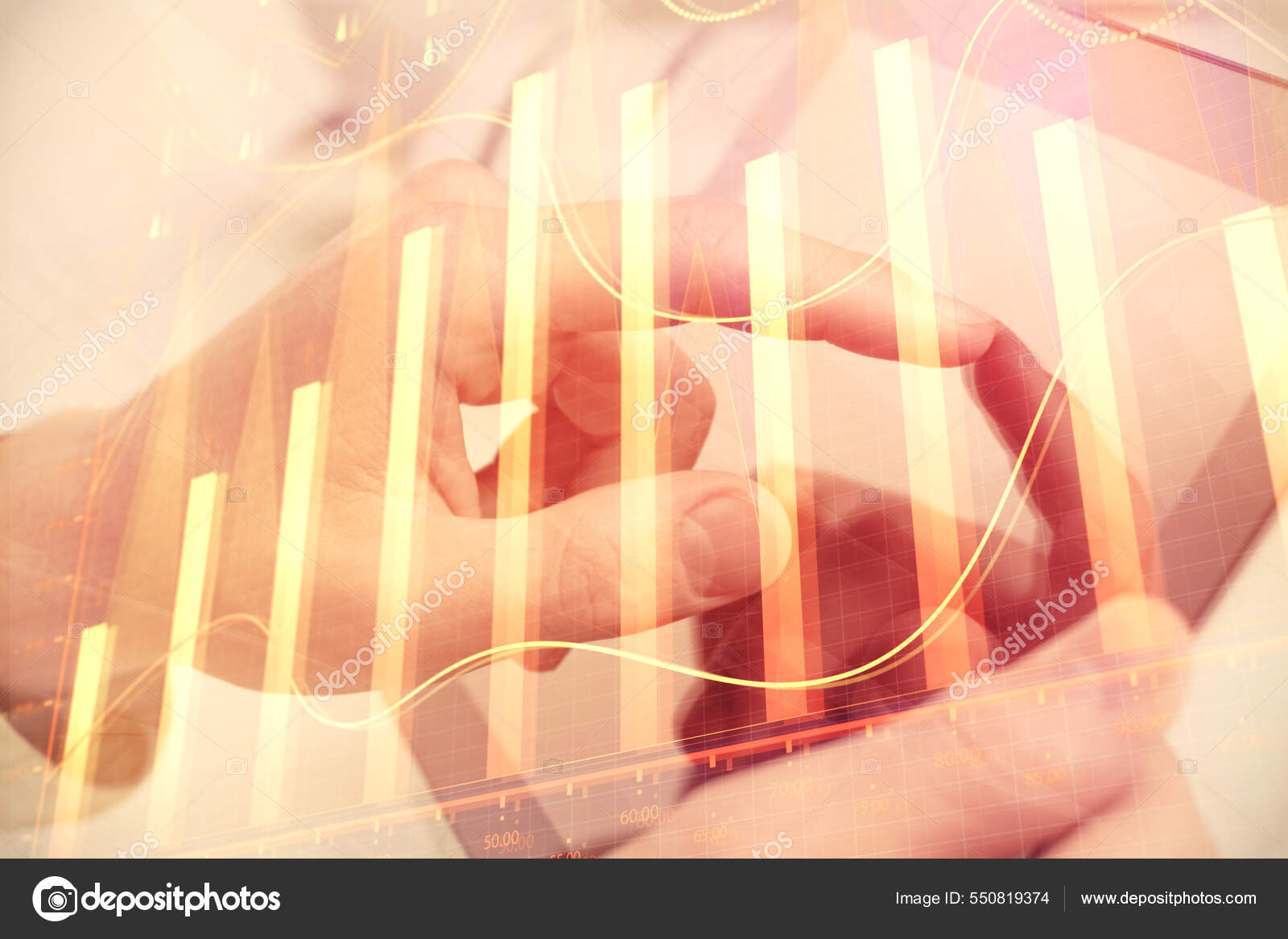 Multi Exposure Man's Hands Holding Using Phone Financial Chart Drawing ...
