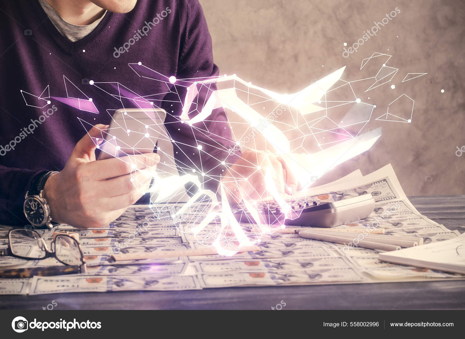 Double Exposure Man's Hands Holding Using Digital Device Handshake ...
