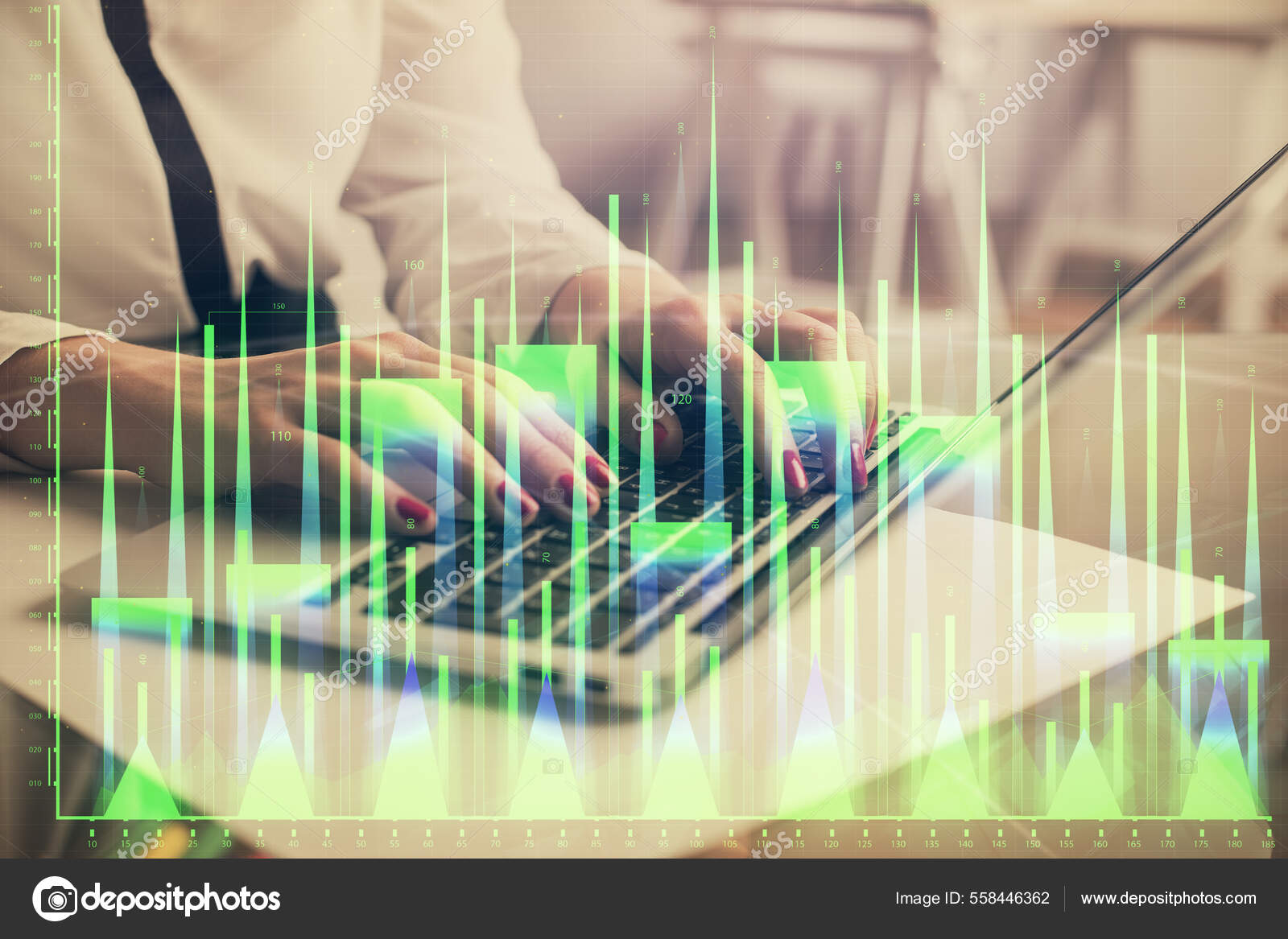 Multi Exposure Woman Hands Typing Computer Financial Graph Hologram Drawing — Stock Photo ...