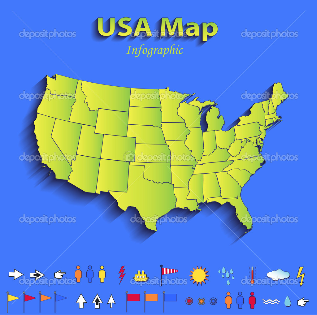 USA map infographic political map individual states blue green card ...