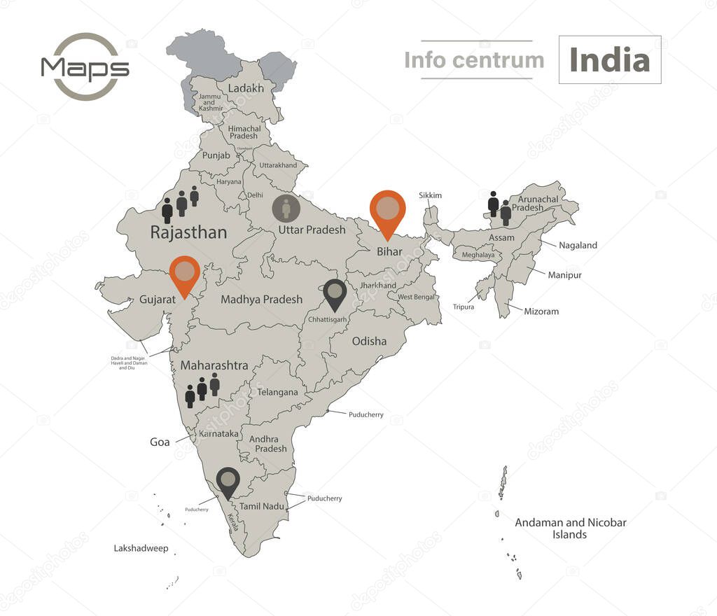 Mapa de la India, regiones individuales con nombres, infografías e ...