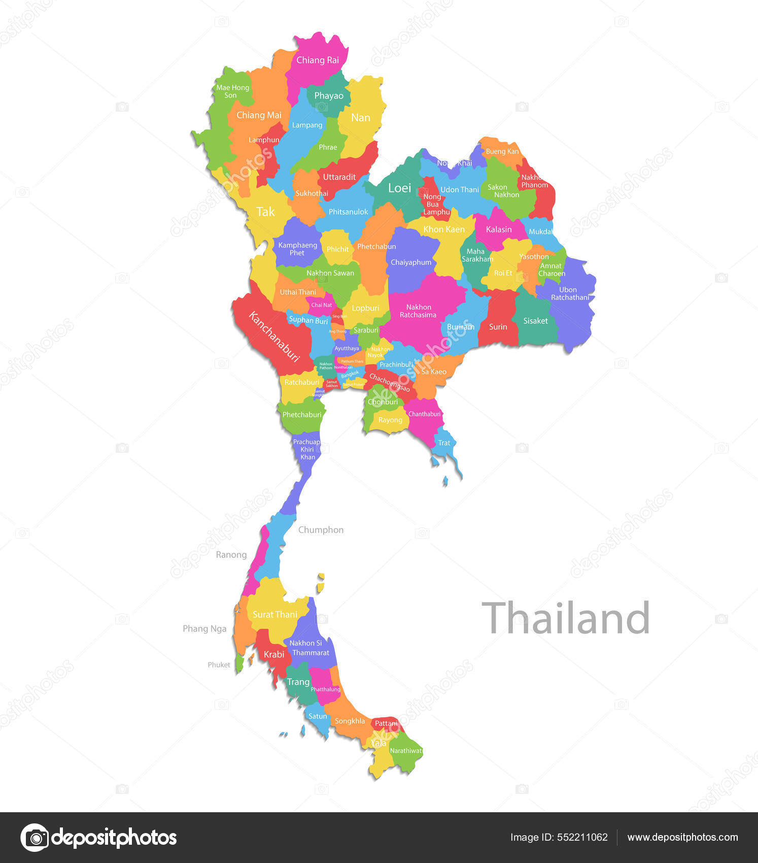 Thailand Map Individual Regions Names Administrative Division Colors ...