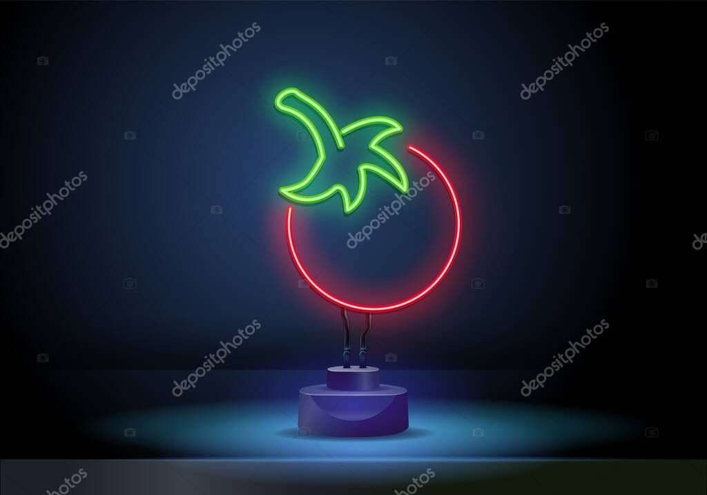 Signo de neón de tomate, letrero brillante, pancarta ligera. Logo de ...