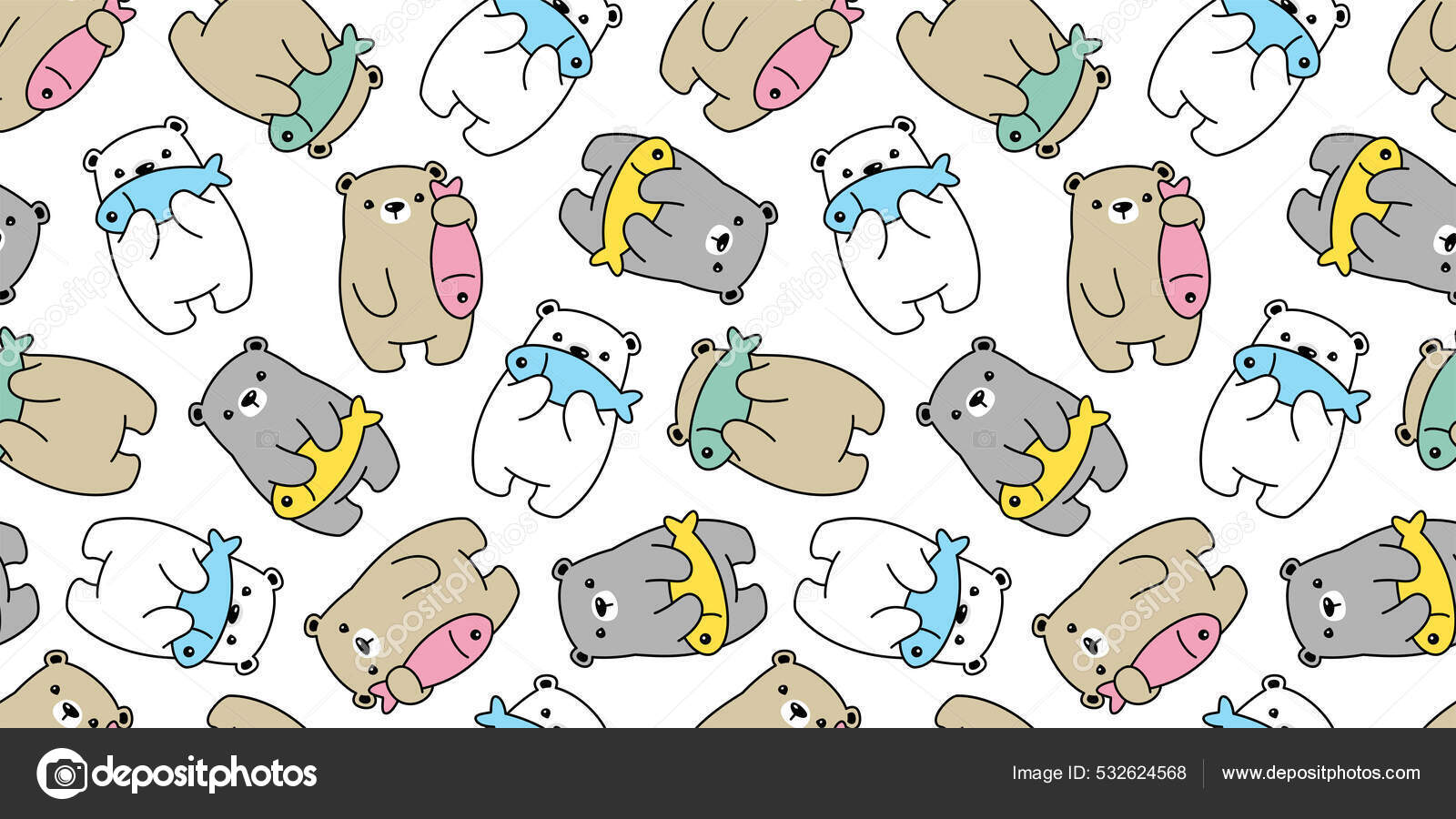 Bear Seamless Pattern Polar Fish Vector Teddy Cartoon Repeat Wallpaper ...