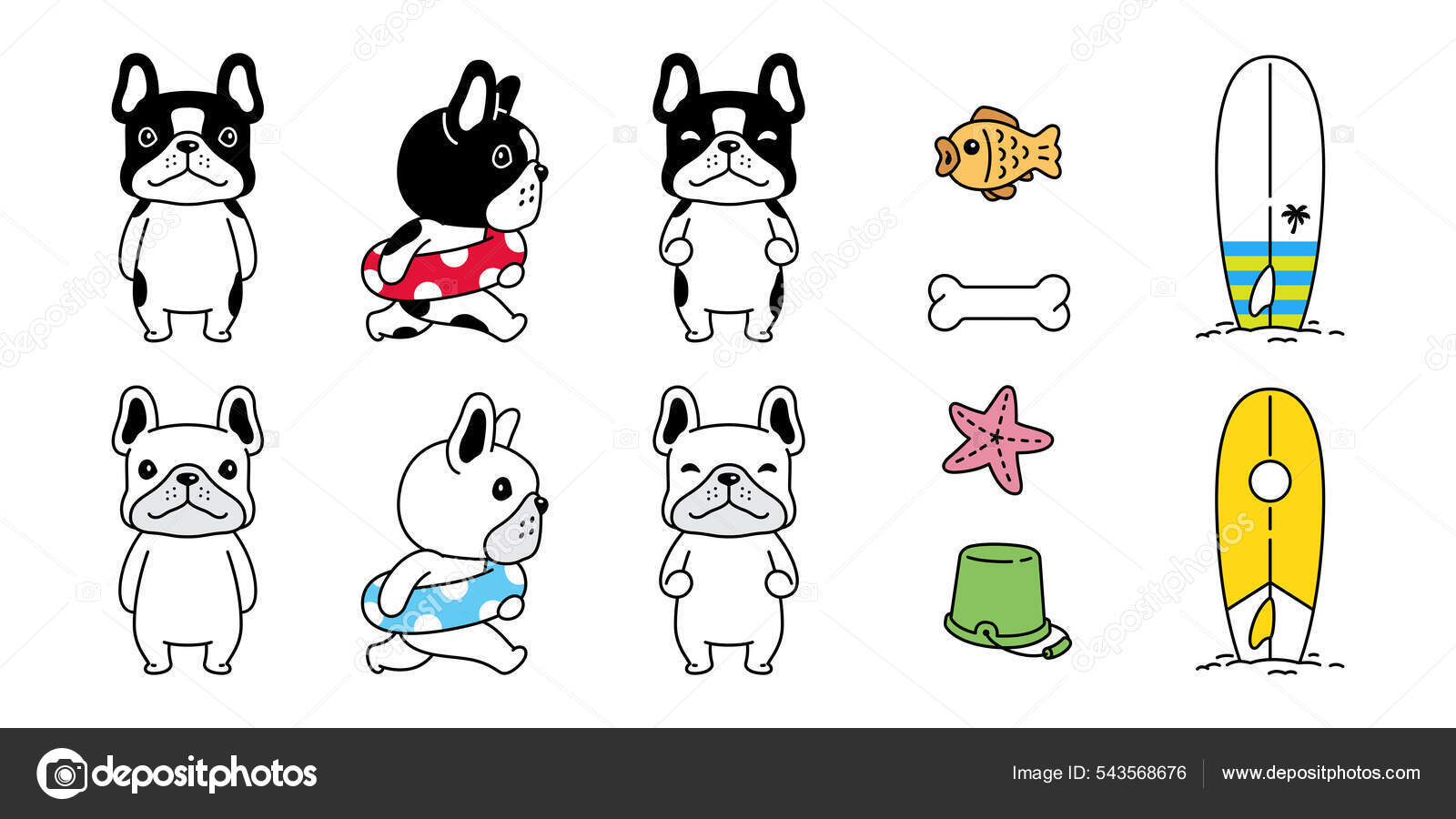 Dog Vector French Bulldog Swimming Ring Pool Beach Sea Surfboard Stock ...